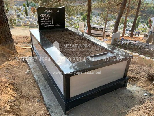 Tek Kişilik Siyah Granit Beyaz Mermer MezarMezar Yapımı İstanbul